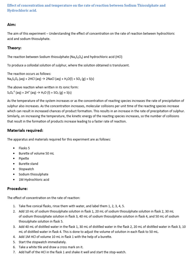 Effect of Concentration and Temperature On The Rate of Reaction Between ...
