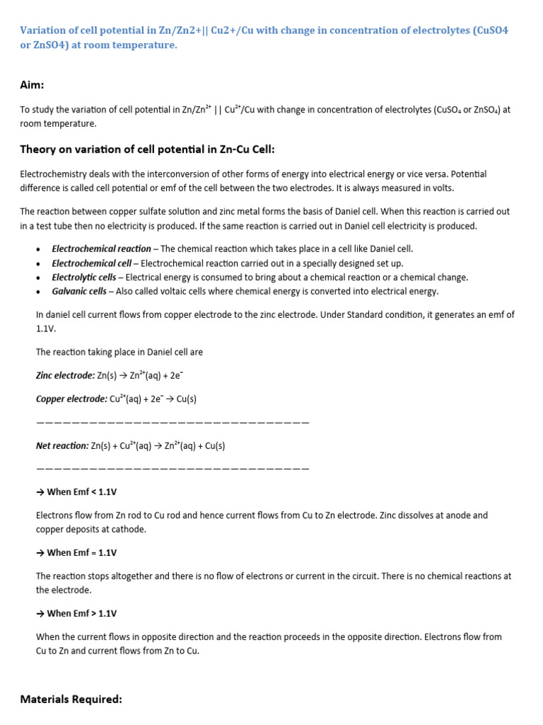 Cell Potential Variation in Zn/Cu System | PDF | Teaching Methods ...