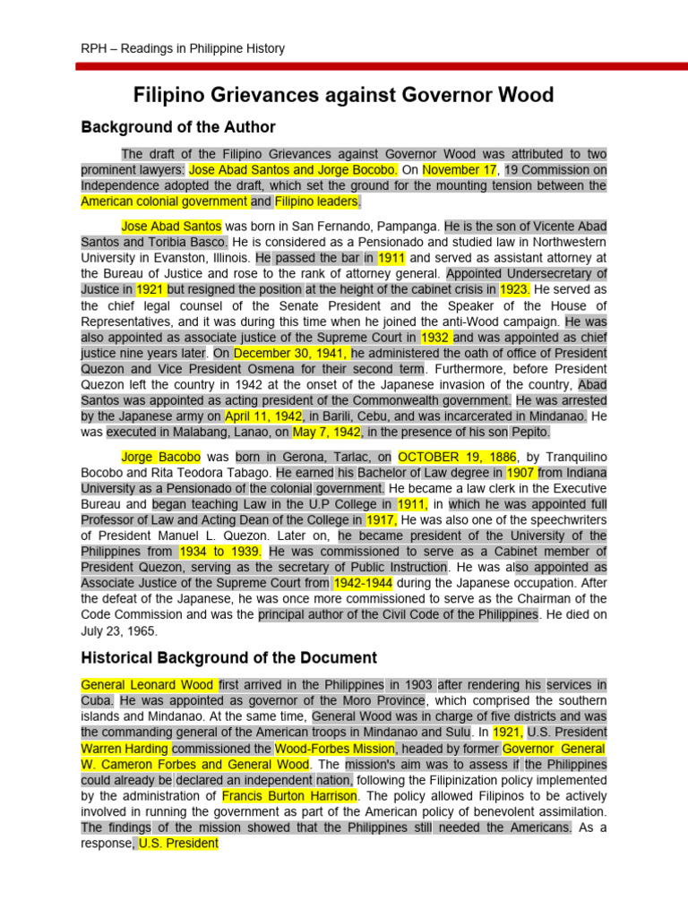 Historical Context of Filipino Grievances Against Governor Wood | PDF ...