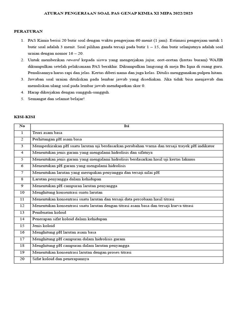 ATURAN PENGERJAAN SOAL PAS GENAP KIMIA XI MIPA 2022 | PDF