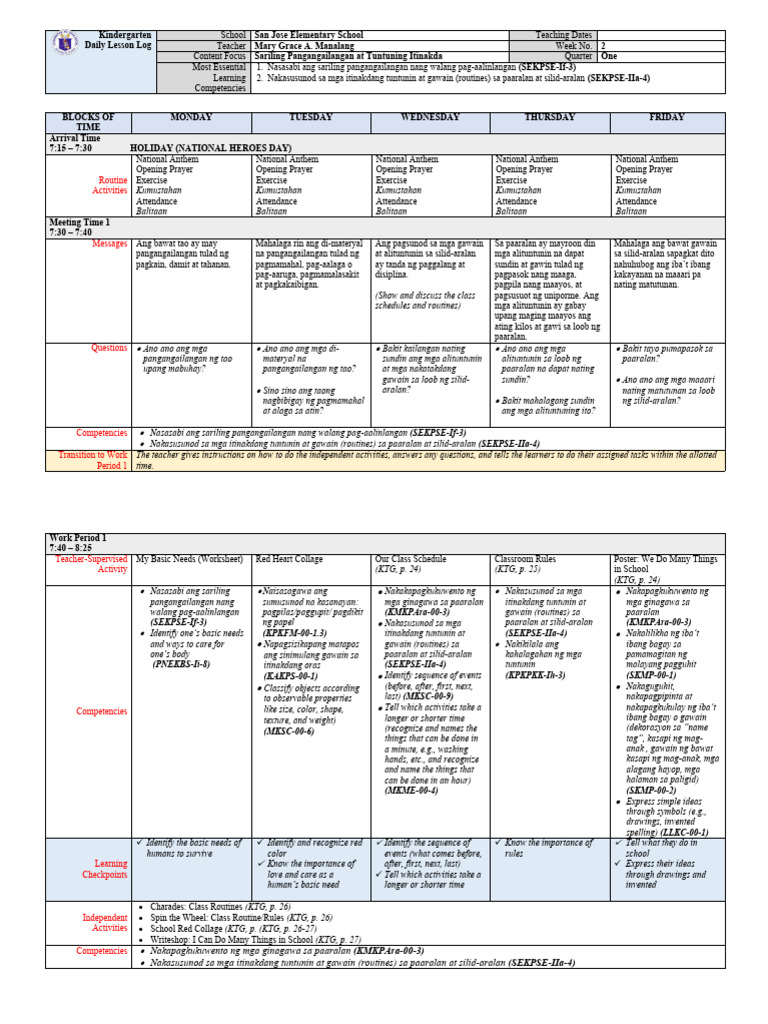 Kindergarten-DLL-MELC-Q1-Week 2 Asf | PDF
