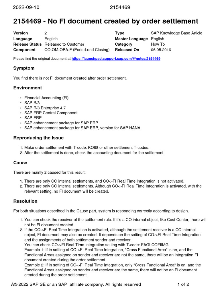 No FI Document Created by Order Settlement | PDF | Information ...