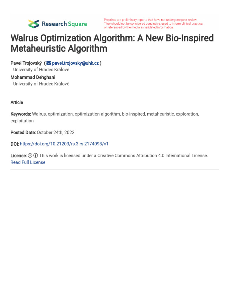 Walrus Optimization Algorithm Pdf Mathematical Optimization