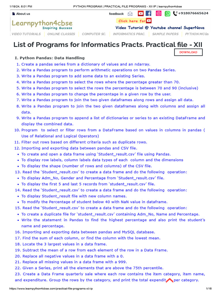 PYTHON PROGRAM - PRACTICAL FILE PROGRAMS - XII IP - Learnpython4cbse | Download Free PDF | Mean ...