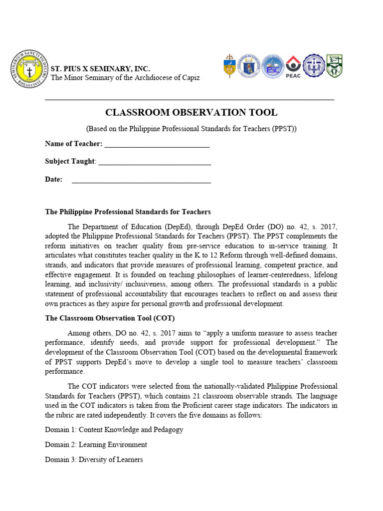 PPST Based Classroom Observation Tool | PDF | Learning | Educational ...