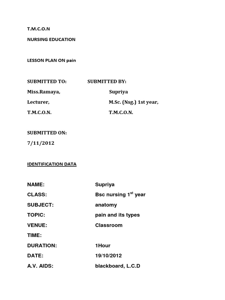 Types of Pain in Management Lesson Plan | PDF | Pain | Feeling