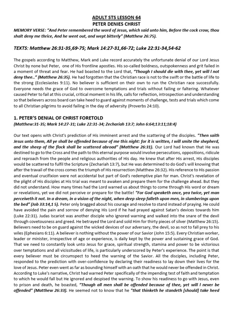 Adult STS Lesson 64 - Peter Denies Christ | PDF | Jesus | Saint Peter