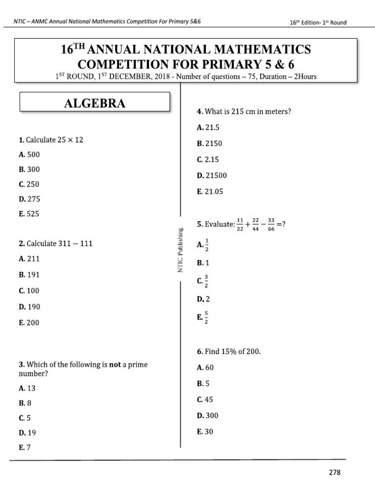 16th Edition Math Competition Questions | PDF