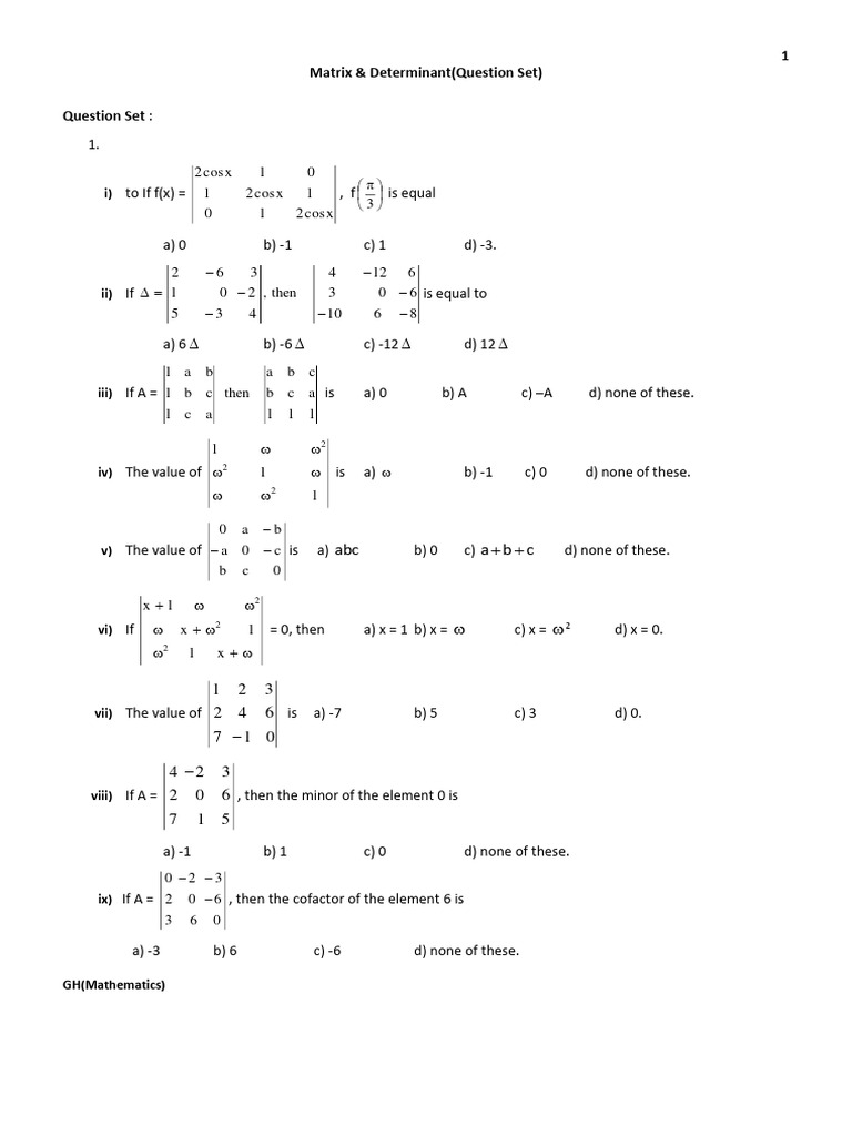 Matrix And Determinant Question Set Pdf Matrix Mathematics