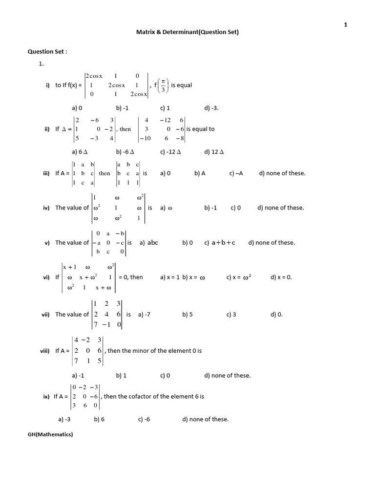 Matrix and Determinant (Question Set) | Download Free PDF | Matrix (Mathematics) | Algebra