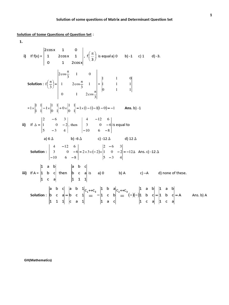 Matrix & Determinant (Solution of Some Questions) | Download Free PDF ...