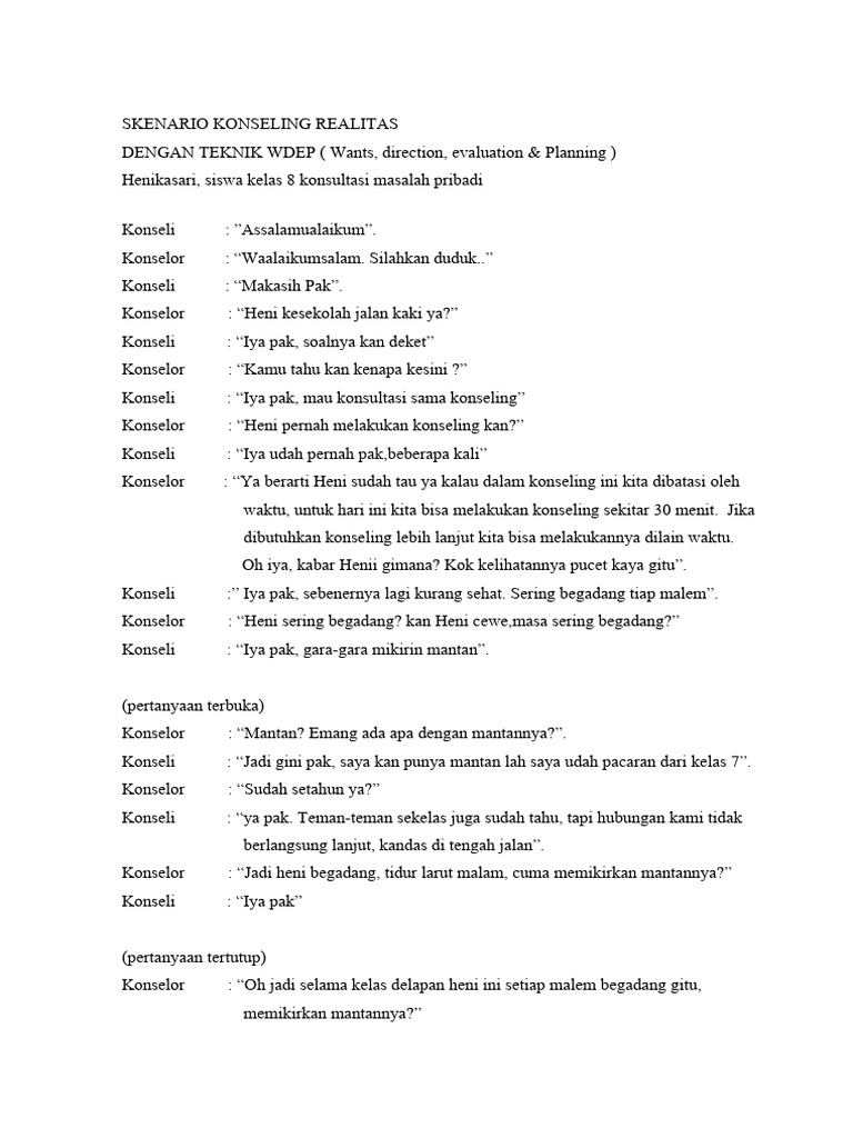 Skenario Konseling Individu Dengan Pendekatan Realitas Teknik Wdep ...