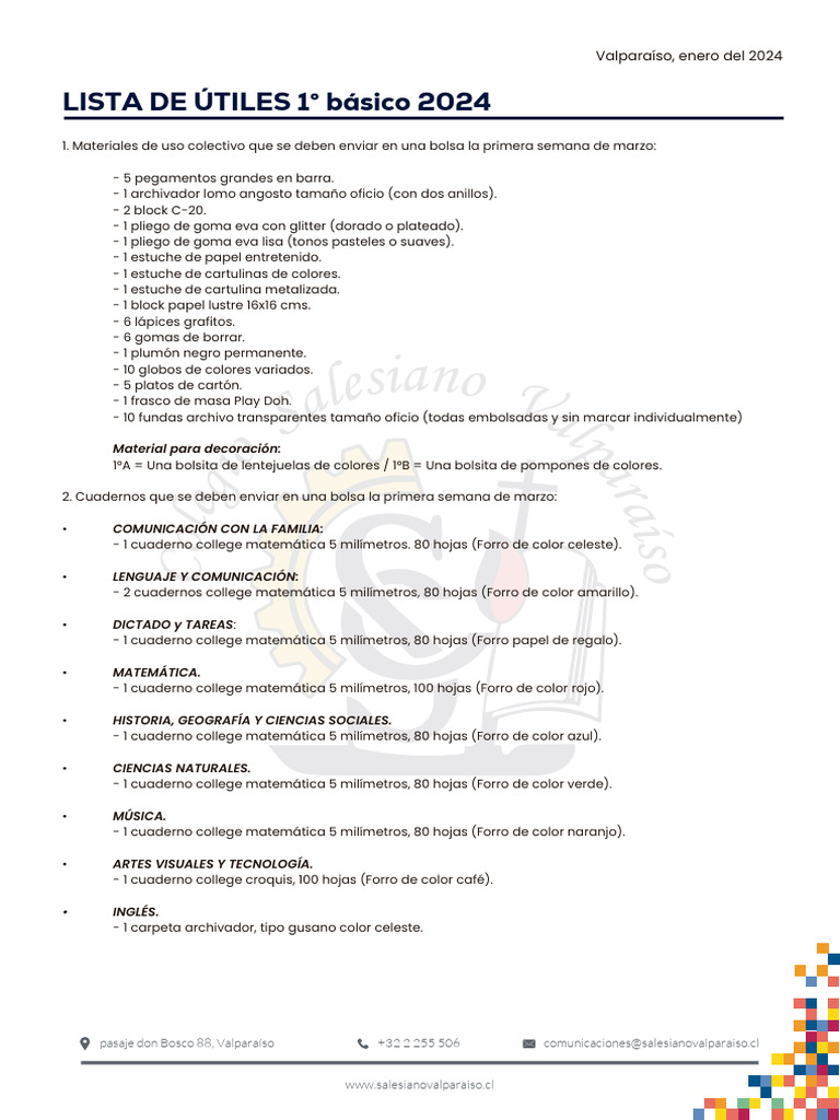 Lista Utiles Primero Basico 2024 | Descargar gratis PDF | Lápiz | Trabajo de oficina