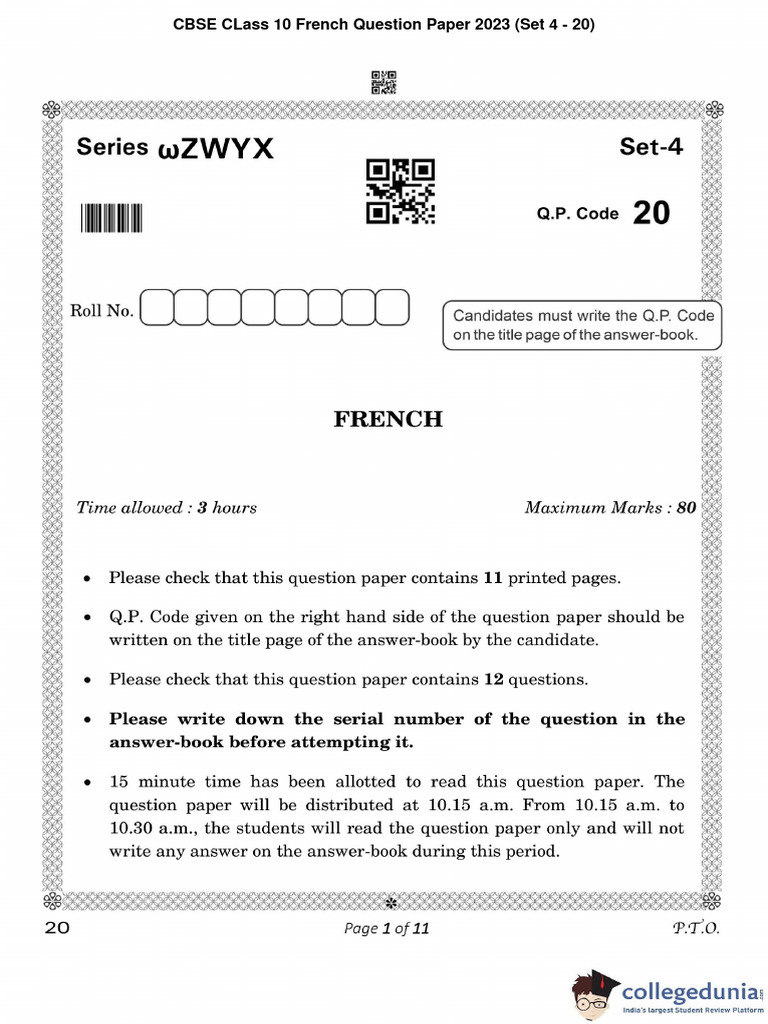 Class 10 French Cbse QP 2023 | PDF