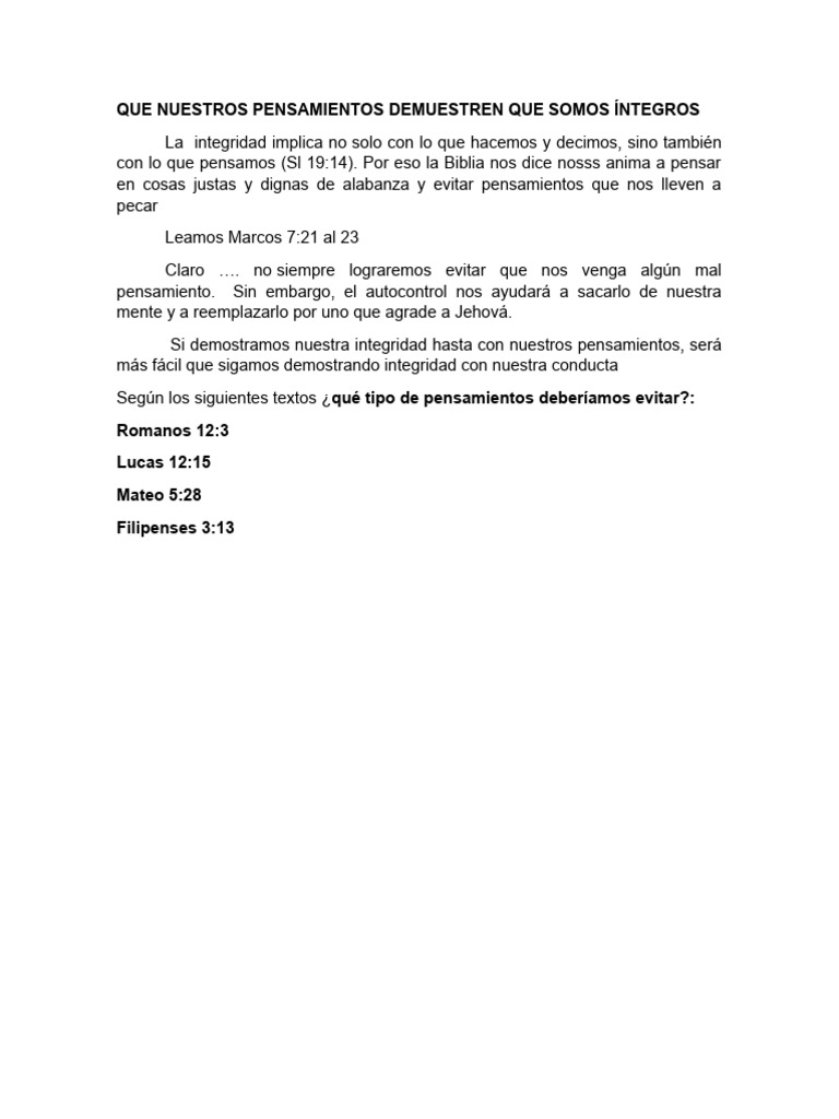 Que Nuestros Pensamientos Demuestren Que Somos Íntegros | PDF