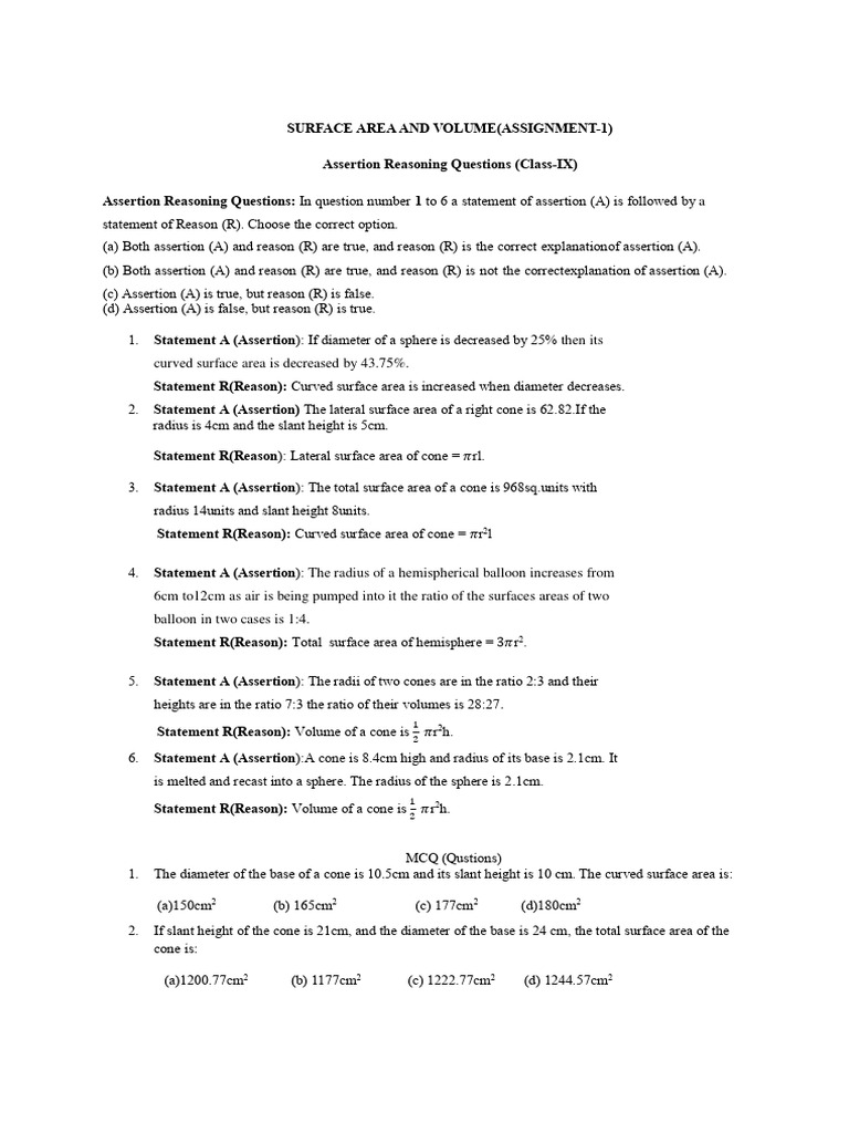 Surface Area and Volume (Assignment-1) | PDF | Sphere | Area