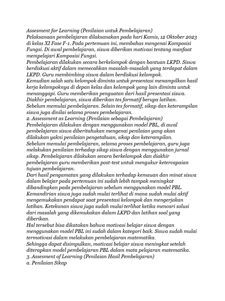 Contoh Assesment For Learning | PDF