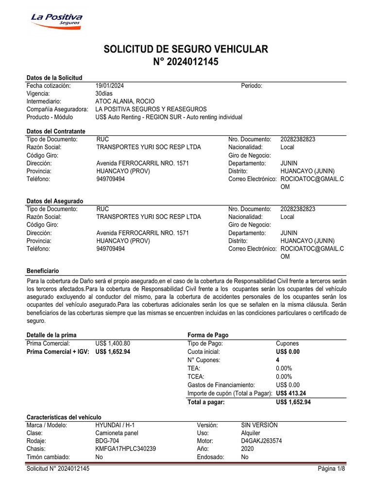 Solicitud de Seguro Vehicular #2024012145 | PDF | Póliza de seguros ...