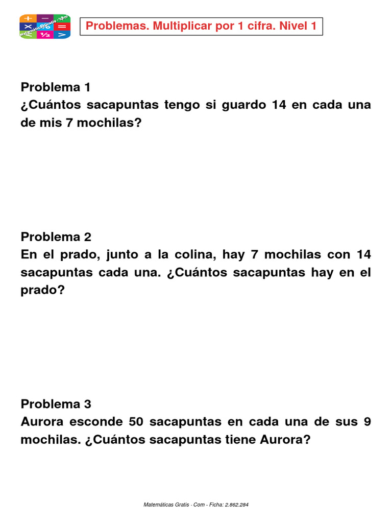 Problemas. Multiplicar por 1 cifra. Nivel 1 | PDF