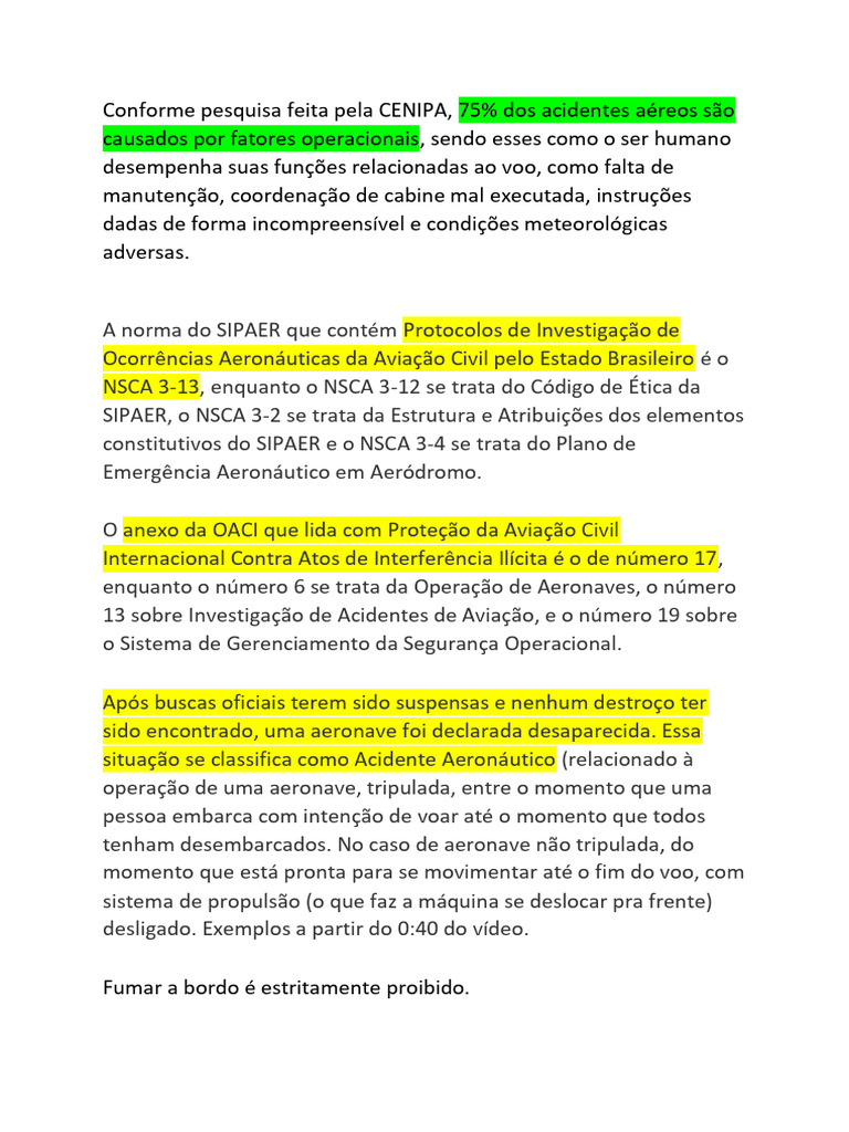 Segurança de Voo (Prova, SIPAER E CENIPA, Ocorrências) | PDF | Voo ...