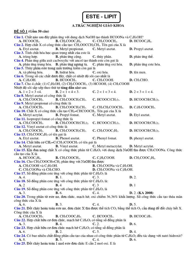 Trắc Nghiệm Este Lipit | PDF