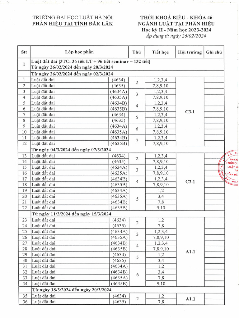 25.12.23-TKB HK2 (2023-2024) Khóa 46,47,48 Chính Quy - PH | PDF