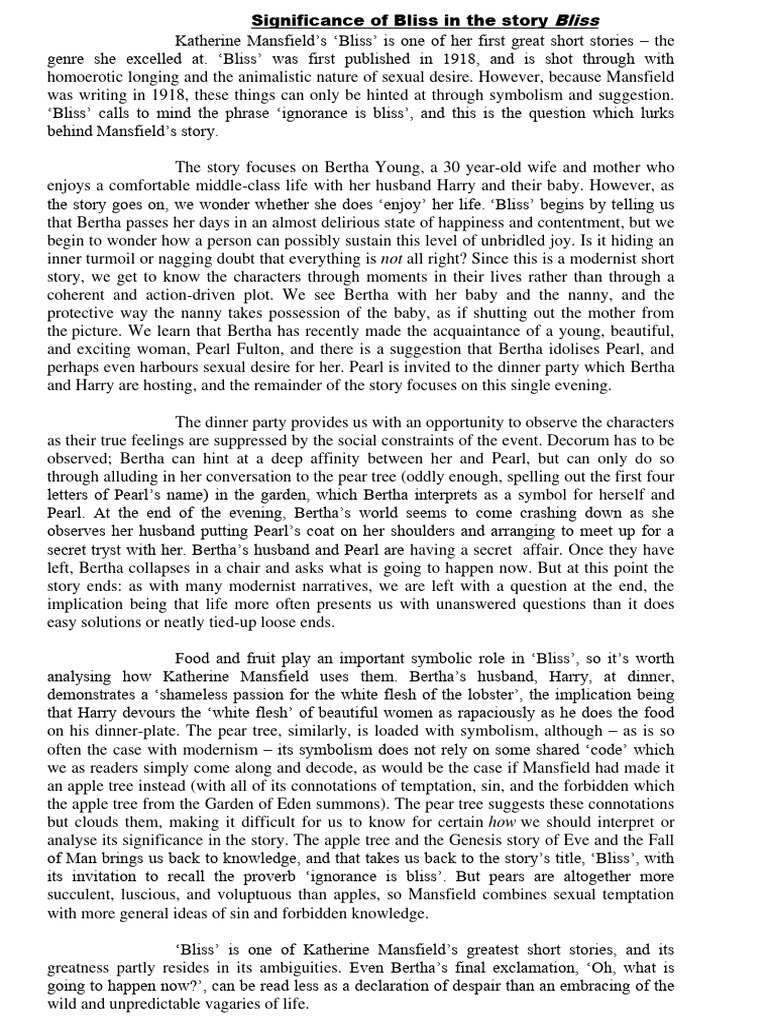 Significance of Bliss in The Story Bliss | PDF | General Fiction