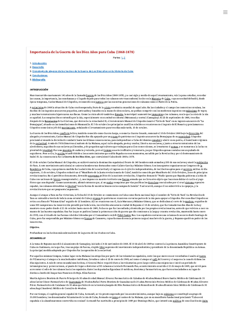 Importancia de La Guerra de Los Diez Años para Cuba (1868-1878) | PDF