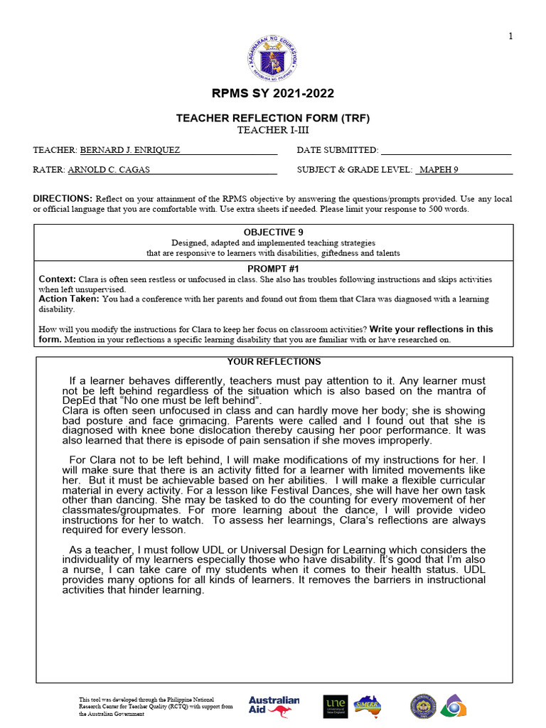 Appendix 4A Teacher Reflection Form For T I III For RPMS SY 2021 2022 1 ...