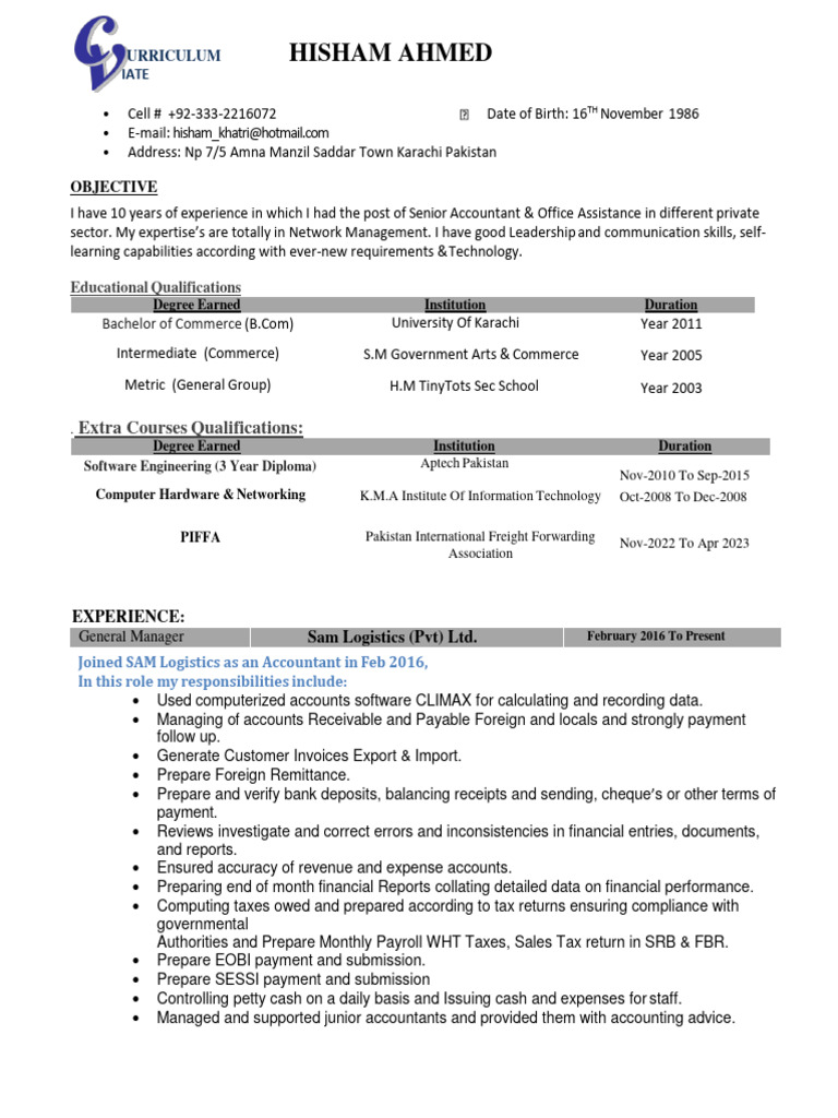 Hisham Ahmed CV | PDF | Receipt | Accounts Payable