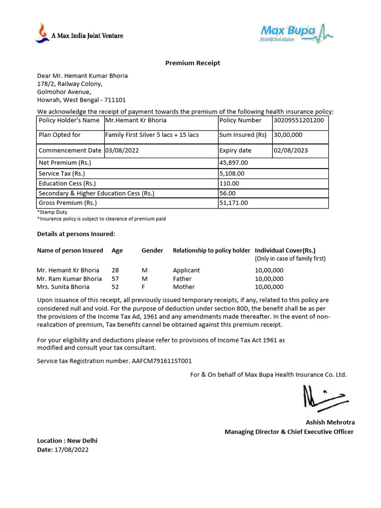 Premium Receipt | Download Free PDF | Insurance | Taxes