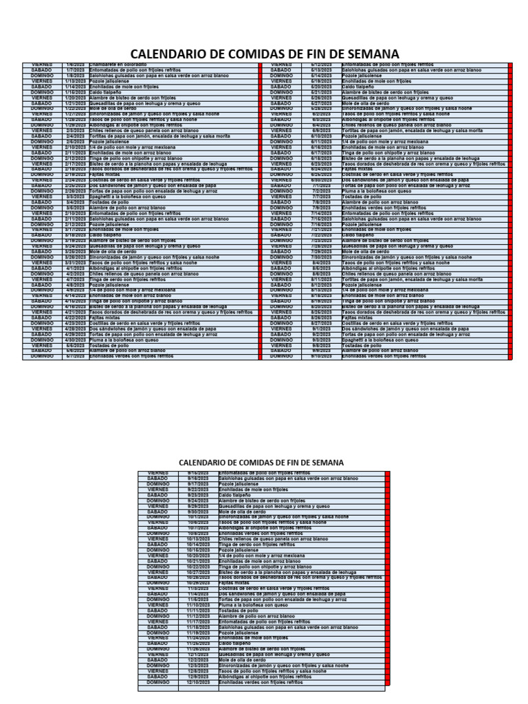 Calendario Comida Colaborador Fin de Semana 2023 | PDF
