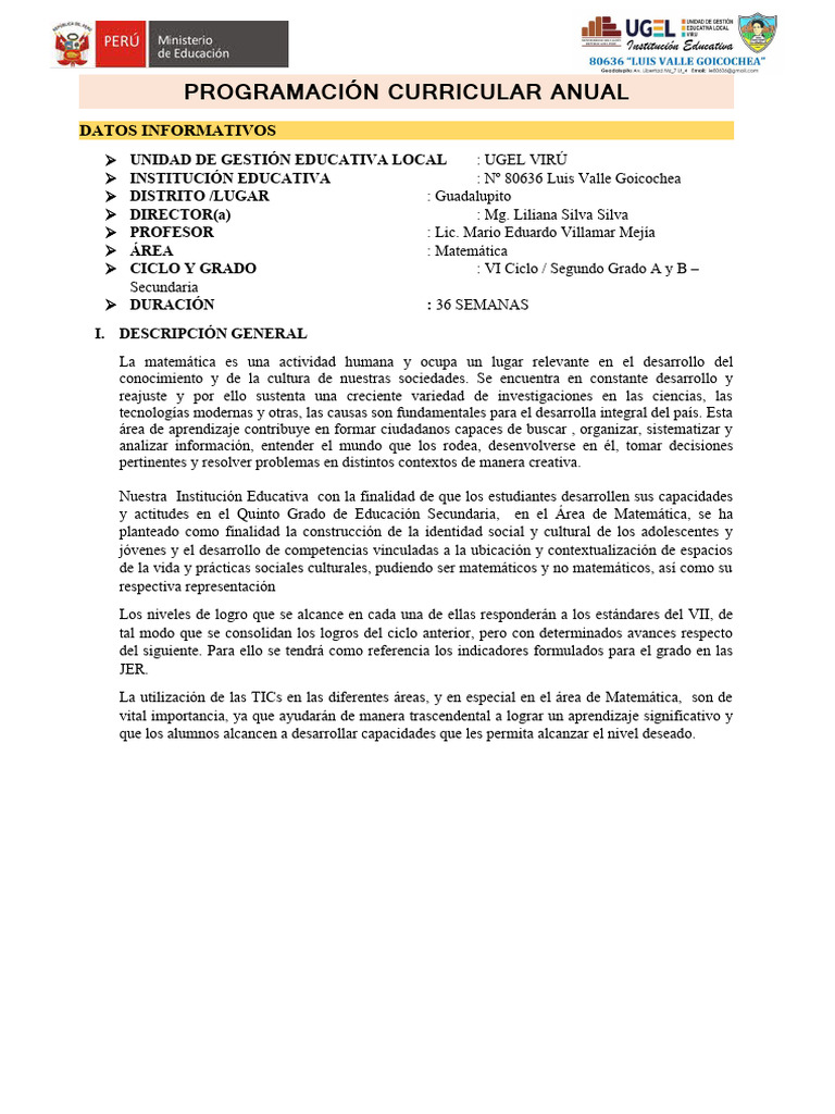 PROGRAMACIÓN CURRICULAR ANUAL 2do de SECUNDARIA | PDF