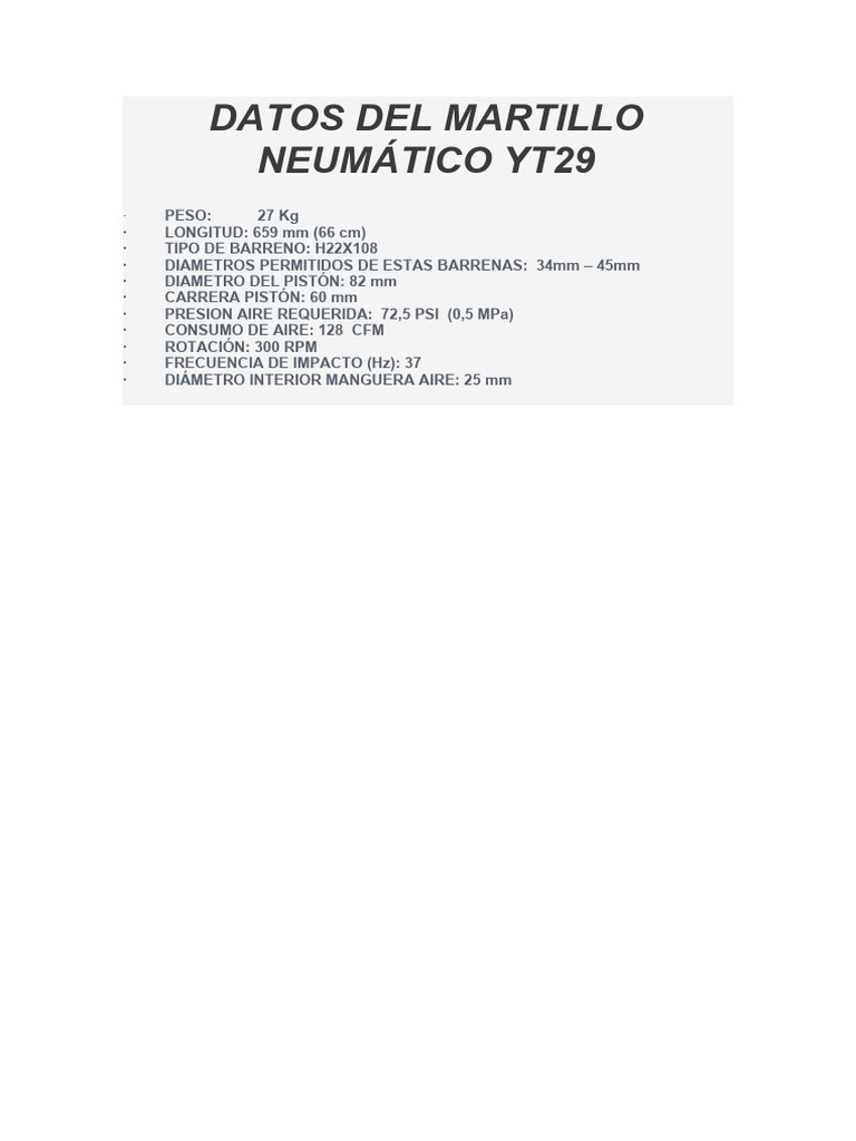 Datos Del Martillo Neumático Yt29 | PDF