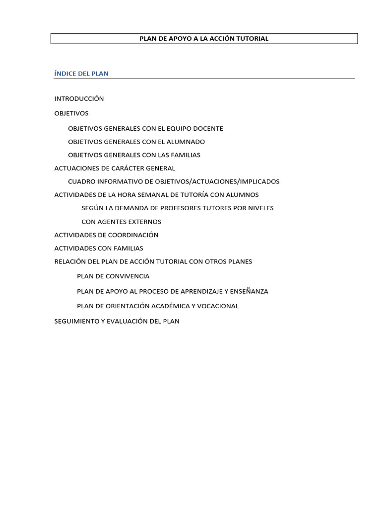 05 Plan de Apoyo A La Accion Tutorial | PDF | Evaluación | Enseñando