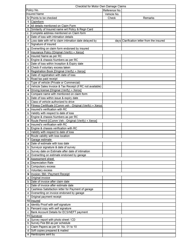 Motor Own Damage Claims Checklist | PDF | Receipt | Invoice
