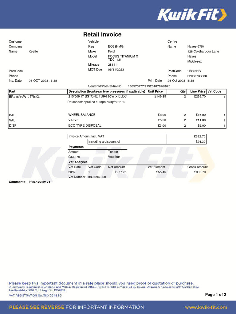 Retail Invoice: Description (Front/rear Tyre Pressures If Applicable) Unit Price Qty Line Price ...