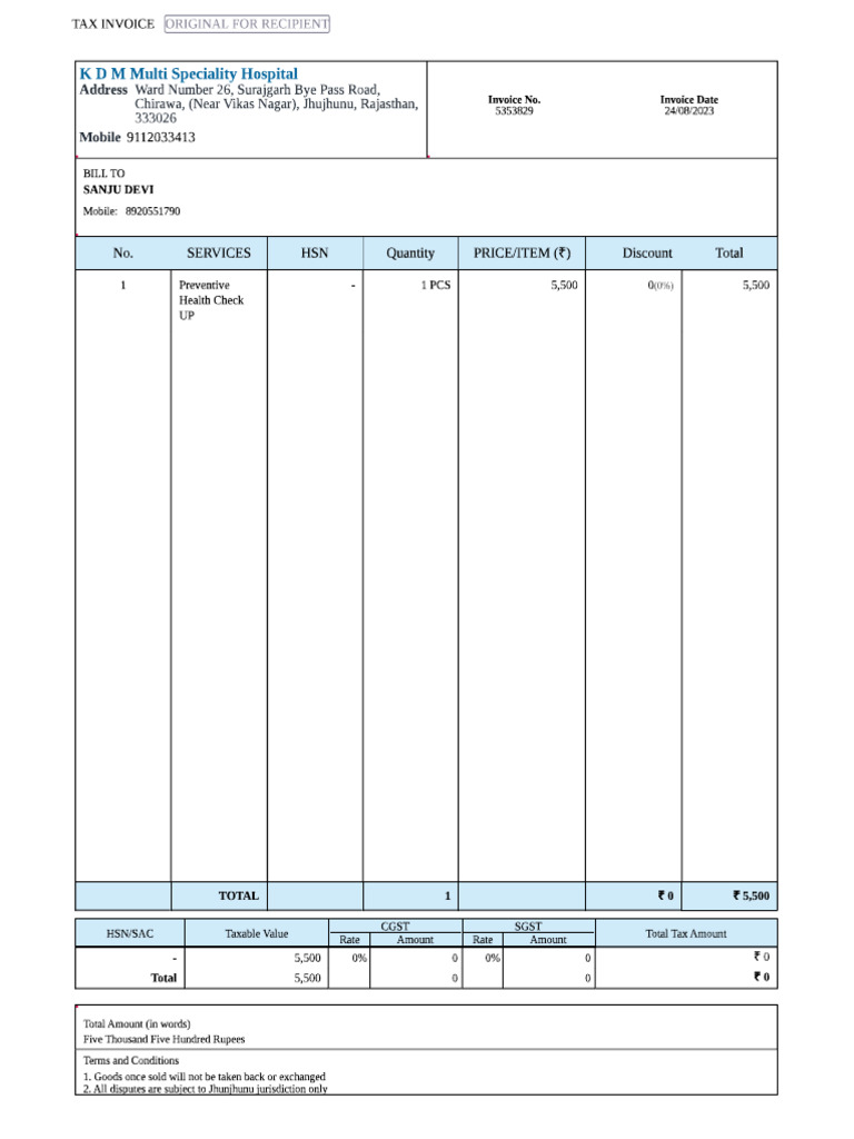 KDM Hospital Invoice - Prenetive Health Check UP MMI | PDF