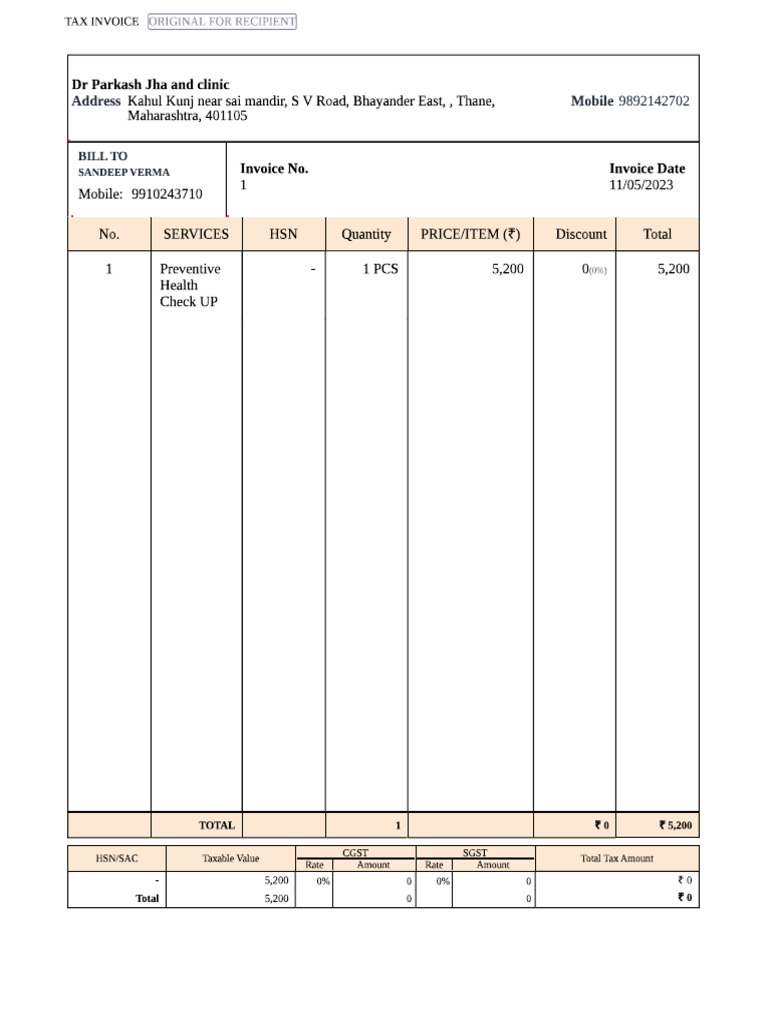DR Prakash Jha Invoice - Prenetive Health Check UP | PDF