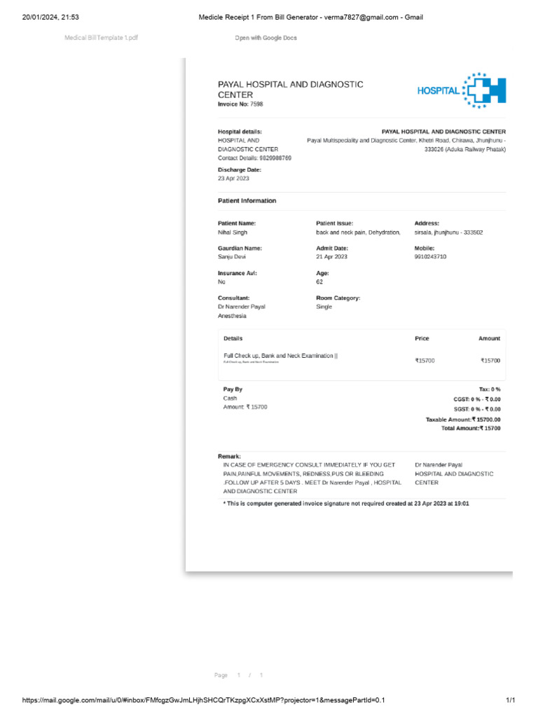 Medical Bill from Payal Hospital | PDF | Gmail | Receipt
