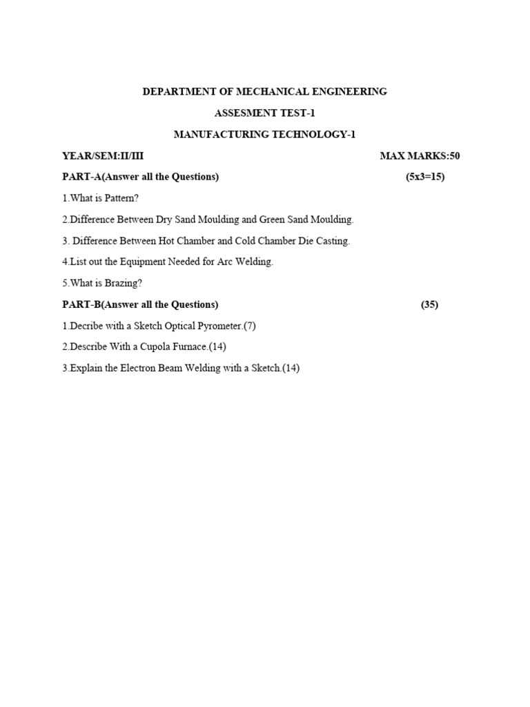 Mechanical Engineering Assessment Test | PDF | Technology & Engineering