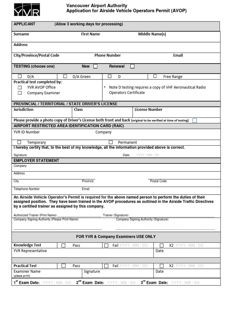 AVOP Application for YVR Operators | PDF | Driver's License | Government