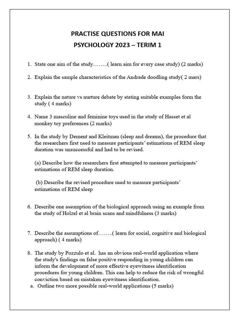 Y12 - Practise Questions For MA1 | Download Free PDF | Psychology | Experiment