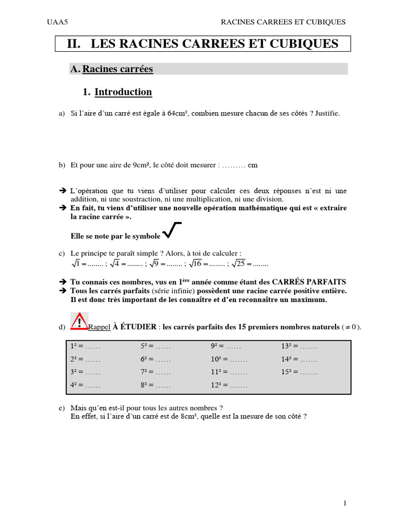 Racines Carrées et Cubiques en Maths | PDF | Racine carrée | Notation ...