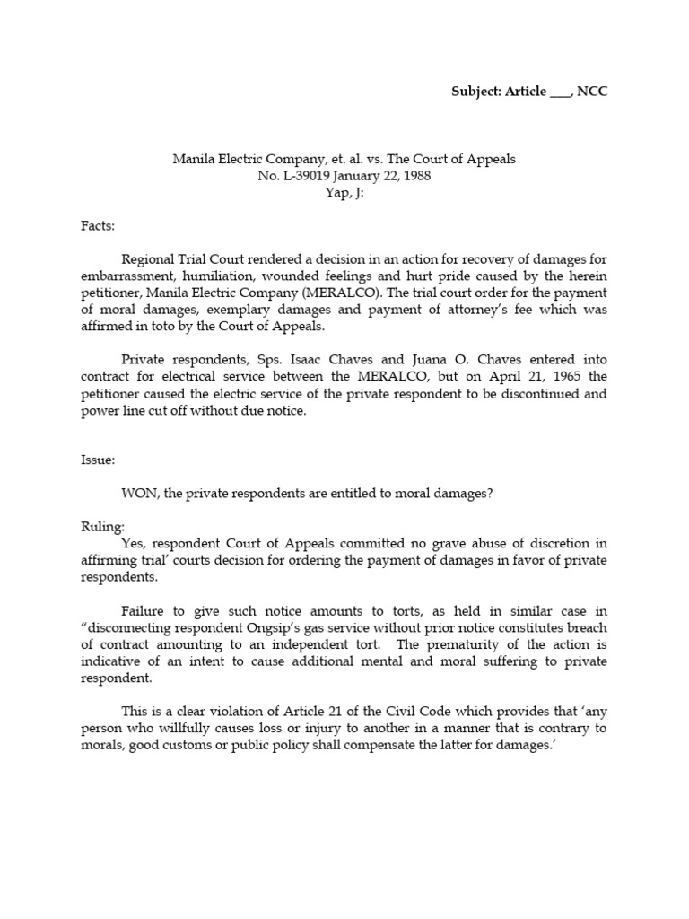 MERALCO vs. Chaves: Moral Damages Case | PDF | Law
