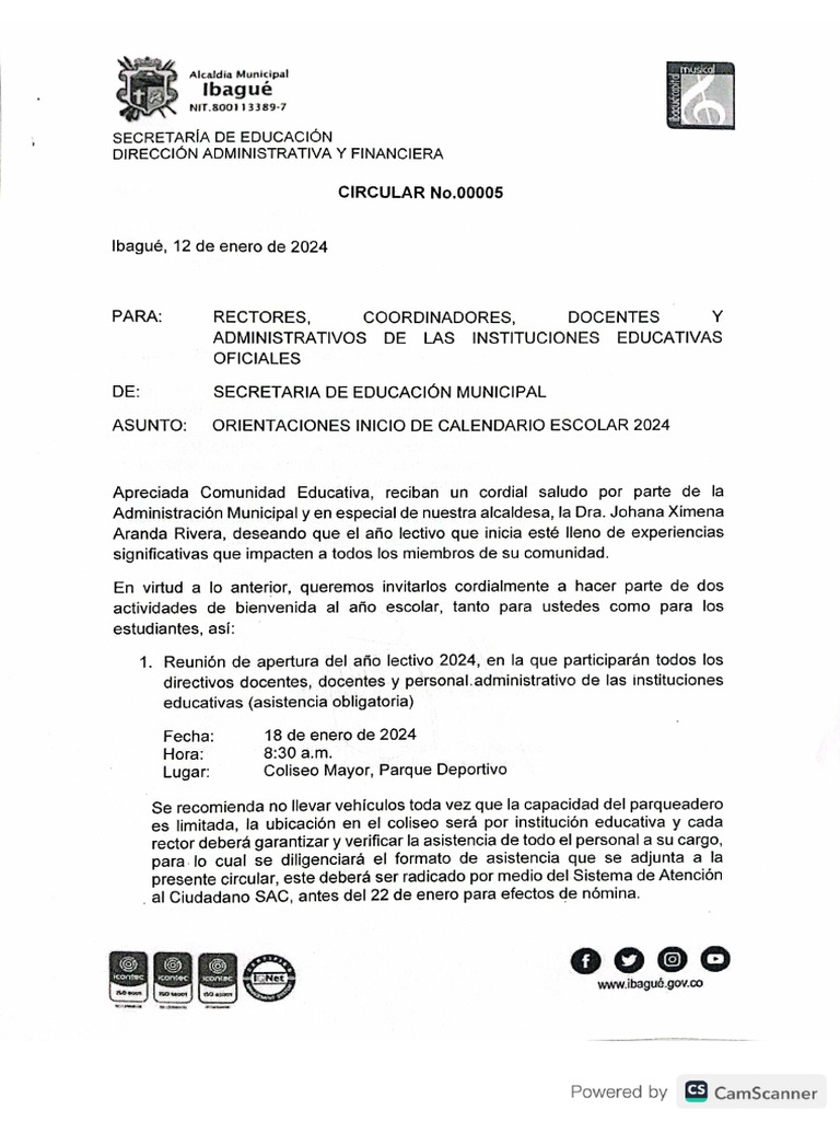 Circular No 0005 Orientaciones Inicio de Calendario Escolar 2024 | PDF