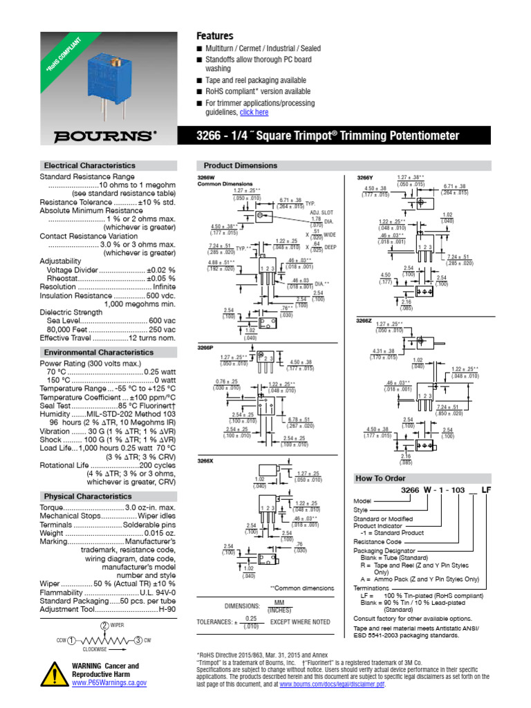 3266 - 1/4 Square Trimpot Trimming Potentiometer: Features | PDF | Electrical Engineering ...
