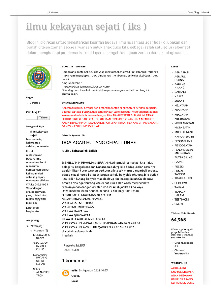 Ilmu Kekayaan Sejati (Iks) - DOA AGAR HUTANG CEPAT LUNAS | PDF