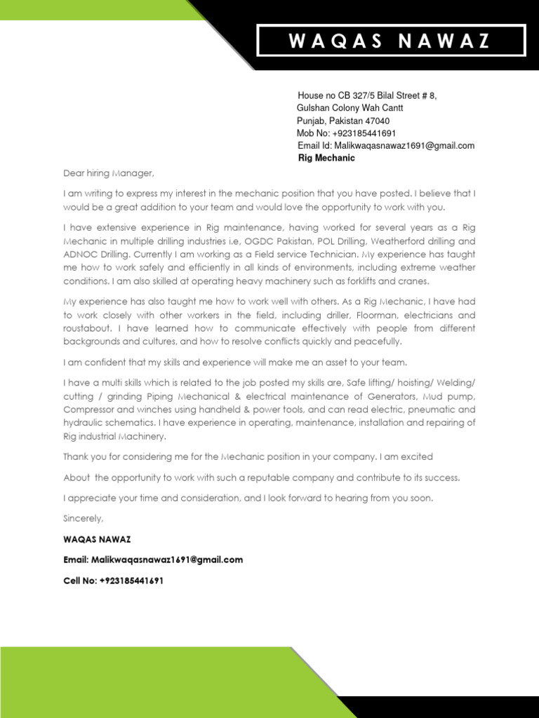 Rig Mechanic Cover Letter | PDF