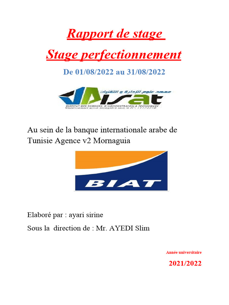 Rapport de stage à la BIAT Mornaguia | PDF | Virement bancaire | Banques